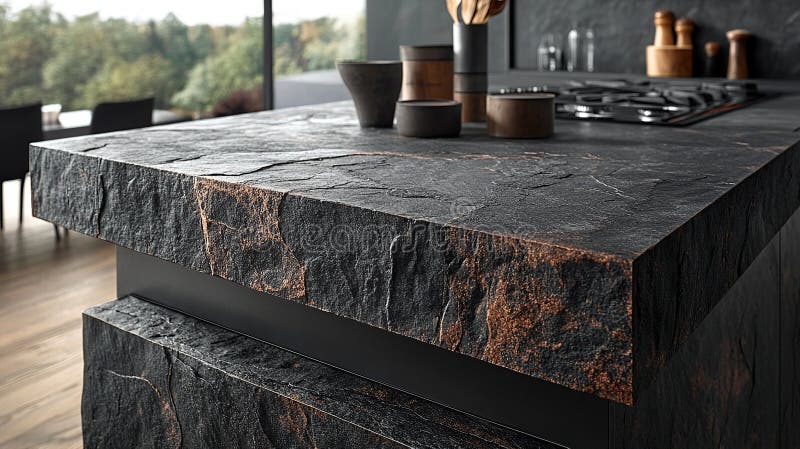Modern Dark Kitchen Island Countertop with Stone-like Texture Stock ...