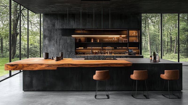 Modern Dark Kitchen with a Large Wooden Island, Overlooking a Lush ...