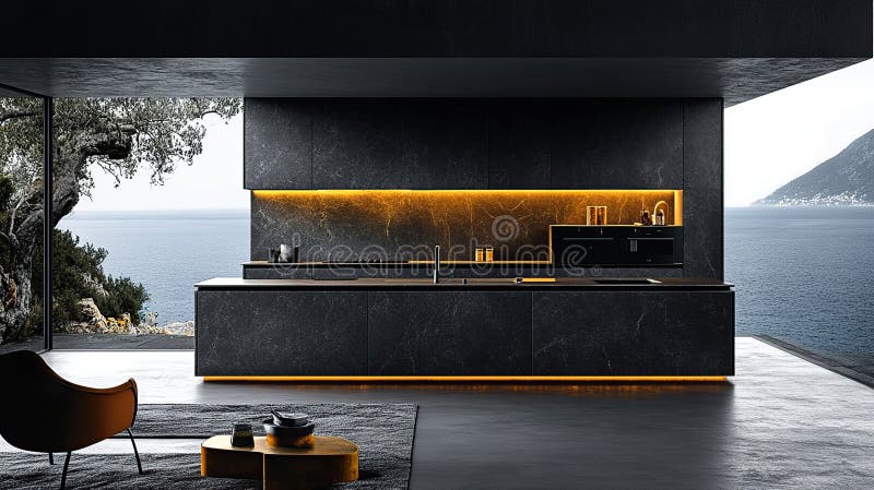 Modern Dark Kitchen with Ocean View, Interior Design, Open Space Stock ...