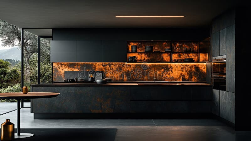 Modern Dark Kitchen with Orange Backsplash and Outdoor View Stock ...