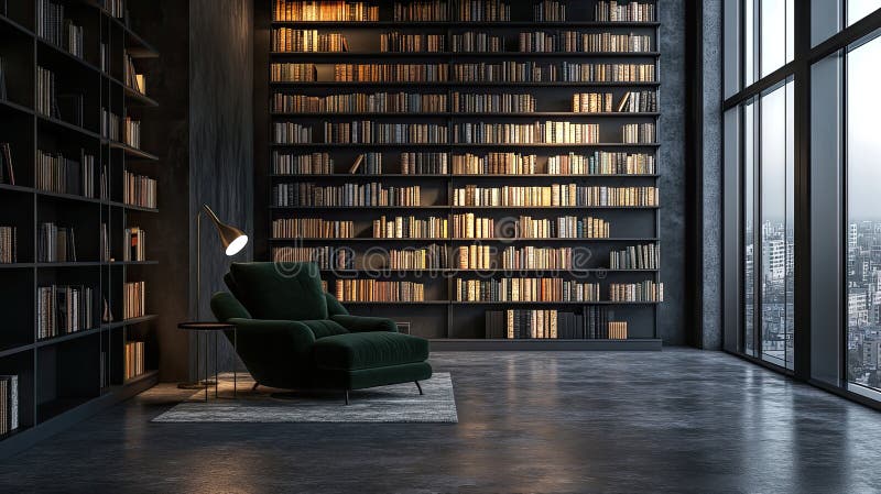 Modern Dark Library Interior Design Stock Image - Image of books ...