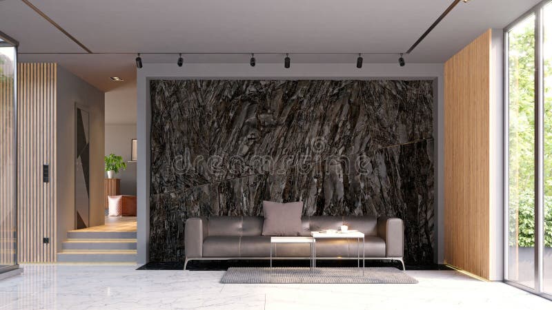 Modern Dark Living Interior with Rock Feature. Stock Illustration ...