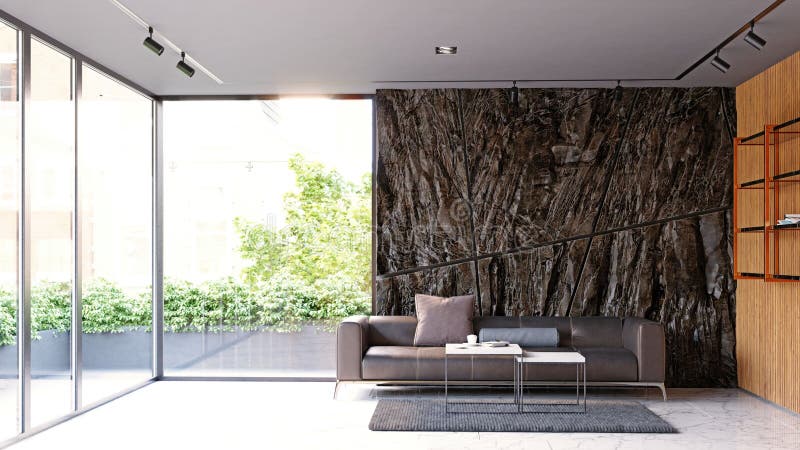 Modern Dark Living Interior with Rock Feature. Stock Illustration ...