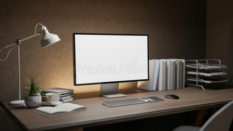 A Modern Dark Loft Office Workspace Features a Computer and Decorative ...