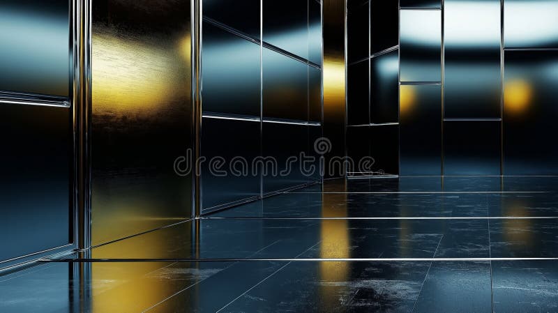 Modern Dark Metallic Interior with Reflective Surfaces and Warm ...