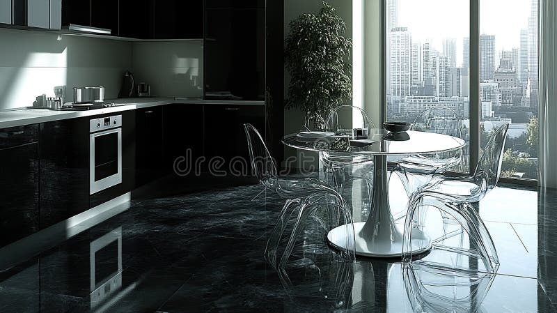 Modern, Dark, Minimalist Kitchen with City Views Stock Illustration ...