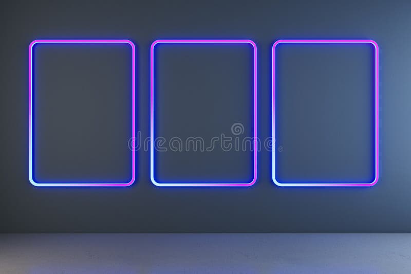 Modern Neon Blue Gallery Interior with Mock Up Frames on Concrete Wall ...