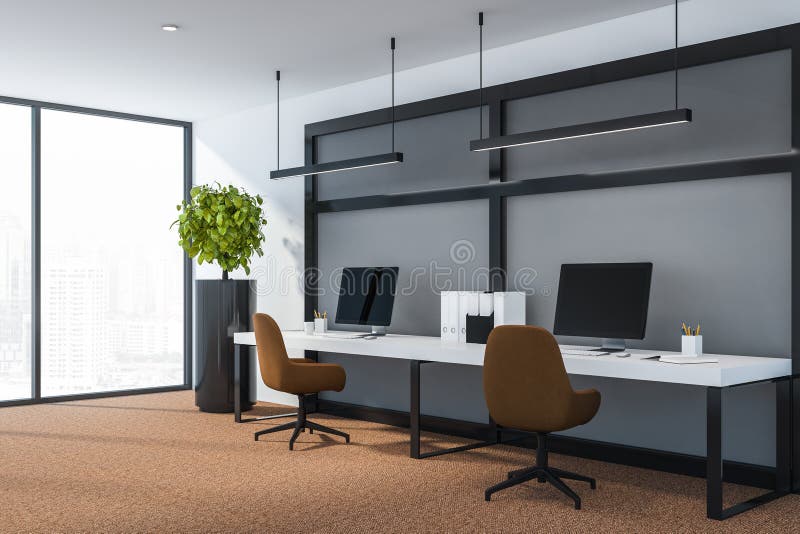 Modern Dark Office Interior with No People and Empty Work Space. 3D ...