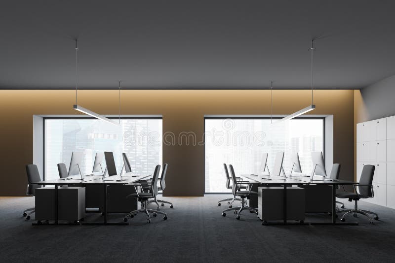 Modern Dark Office Interior with Work Space. 3D Render. City Veiw Stock ...