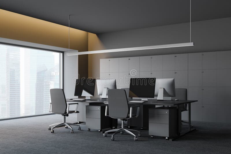 Modern Dark Office Interior with Work Space. 3D Render. City Veiw Stock ...