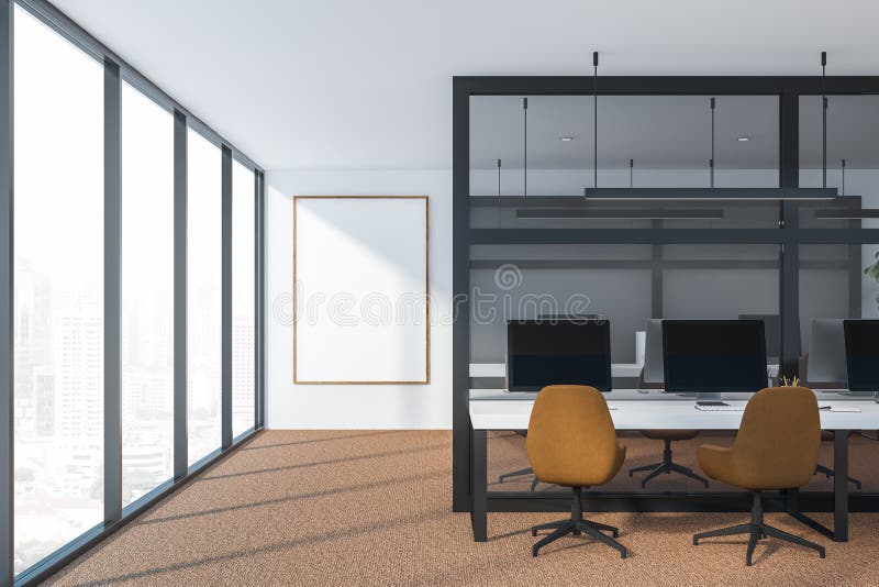 Modern Dark Office Interior with Work Space. 3D Render Mock Up Poster ...