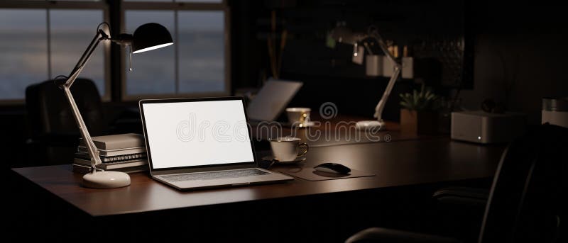 Modern Dark Office at Night with Laptop Mockup, Light from Table Lamp ...
