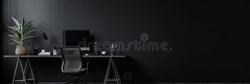 Modern Dark Office Setup with Desktop Computer and Green Plant. Sleek ...
