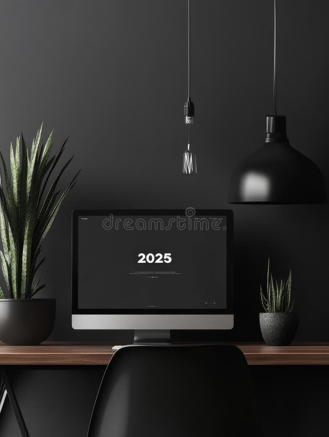 Modern Dark Office Setup 2025 Minimalist Workspace Dark Theme Plants ...