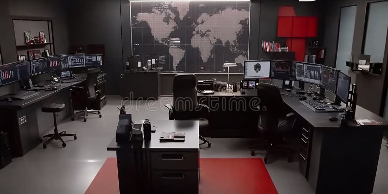 Modern Dark Office Space with Multiple Monitors World Map Cybersecurity ...