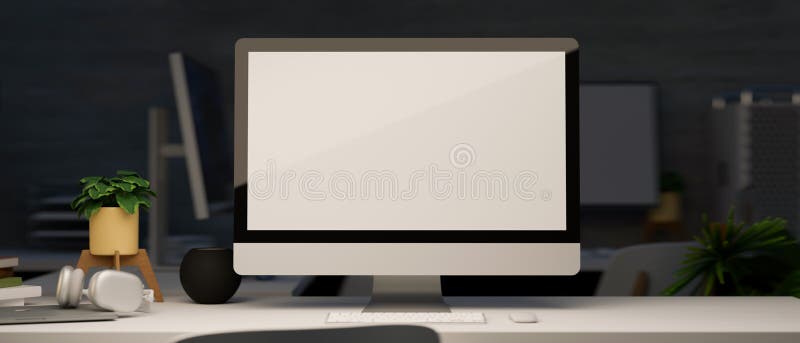 Modern Dark Office Studio with Desktop Computer Mockup Stock ...