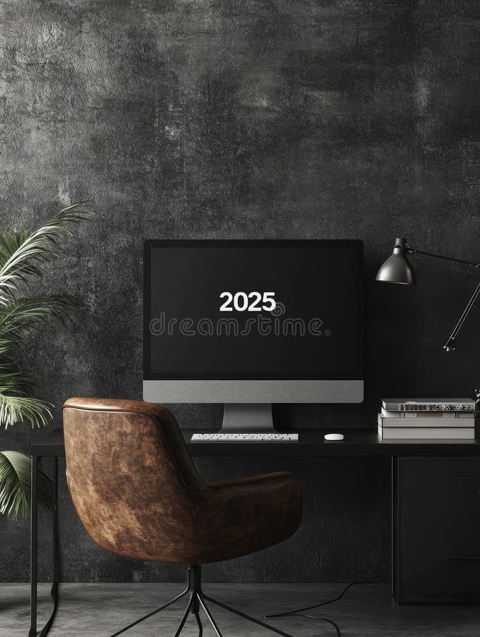 Modern Dark Office Workspace 2025 Sleek Desk Brown Leather Chair Dark ...