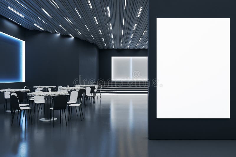 Modern Dark Restaurant Interior with Dining Area, Stage and Empty White ...