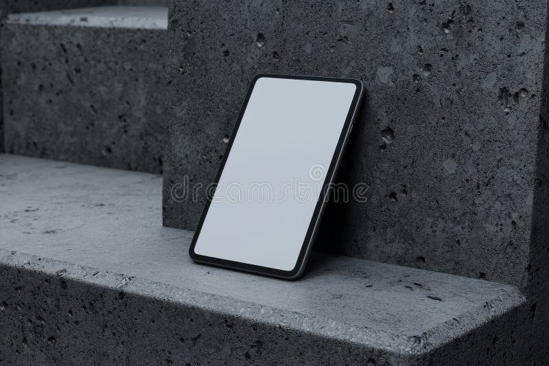 In a Modern, Dark Setting, a Mockup of a Blank Tablet Screen on a Stone ...