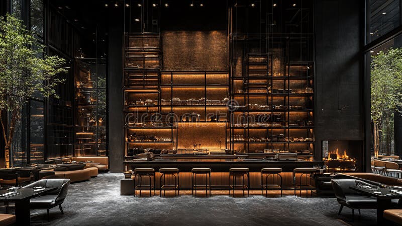 Modern, Dark, Sophisticated Bar with Warm Lighting, Open-plan Design ...