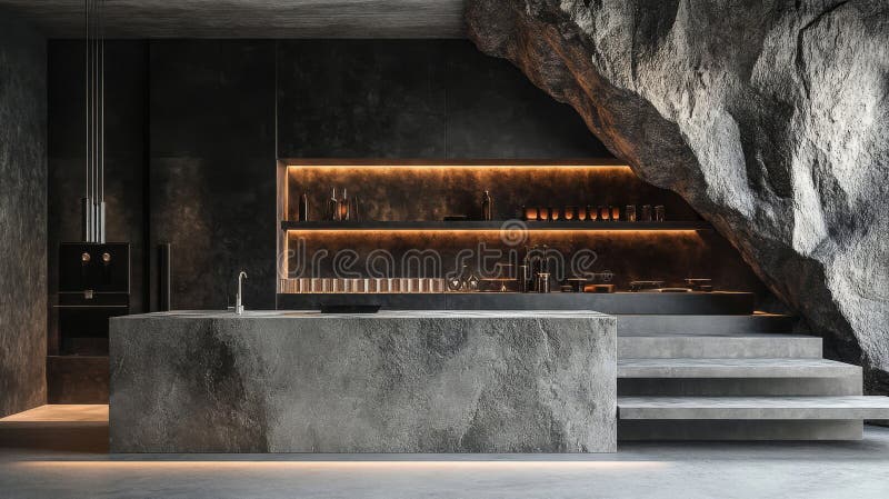Modern Dark Stone Bar Interior Design with Warm Lighting Stock ...