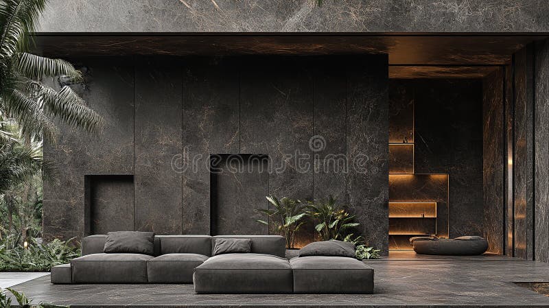 Modern Dark Stone Exterior Lounge Area with Lush Greenery Stock ...
