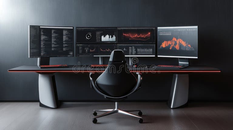 Modern Dark Tech Workstation Multiple Monitors Stock Illustration ...