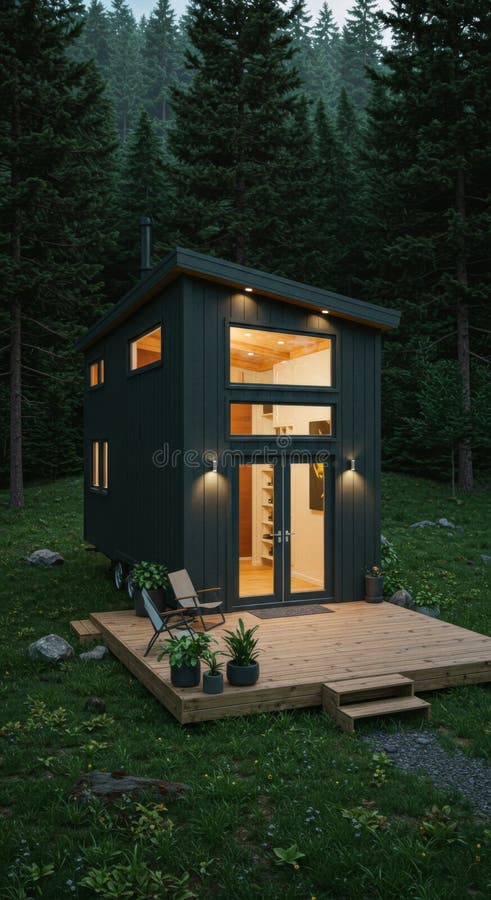 Modern Dark Tiny House in a Lush Forest at Night Stock Illustration ...