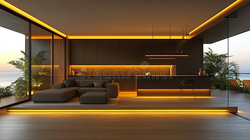 Modern Dark-toned Open-plan Kitchen with Ocean View Stock Illustration ...