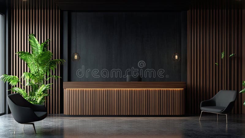 Modern Dark Wood Reception Desk in Office Lobby Stock Image - Image of ...
