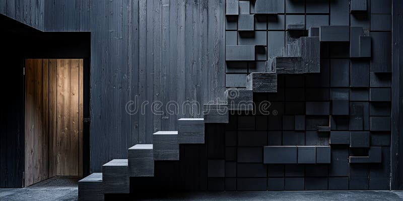 Modern Dark Wooden Staircase Ascending Against a Geometric Cube Wall ...