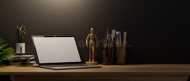 Modern Dark Workspace with Laptop Computer on Wooden Table Stock ...