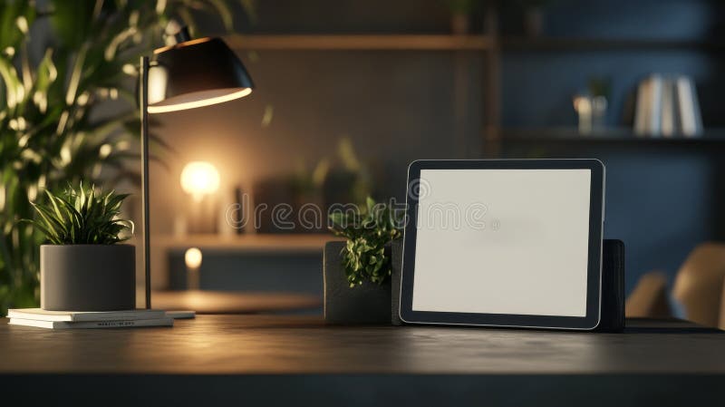 Modern Dark Workspace with Tablet and Plants Stock Illustration ...