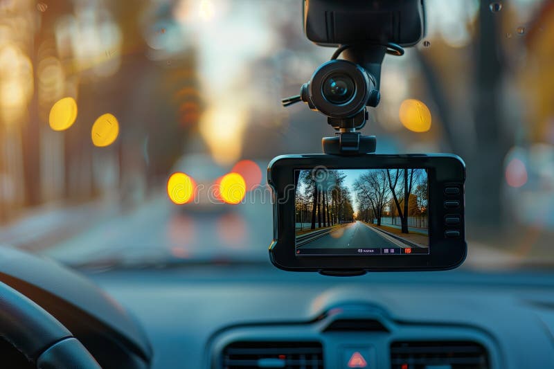 Modern Dashboard Camera in a Car, View of Road during Driving Stock ...
