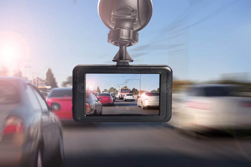 Modern Dashboard Camera Mounted in Car, View of Road during Driving ...