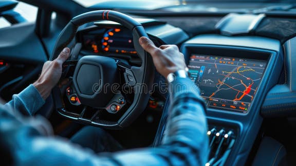Modern Dashboard Inside Moving Car, View of Driver Hands, Wheel and ...