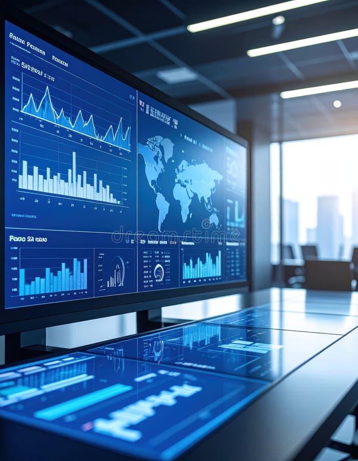 Modern Data Analysis Interface with Graphs Charts and World Map on Digital Screens Stock Photo ...