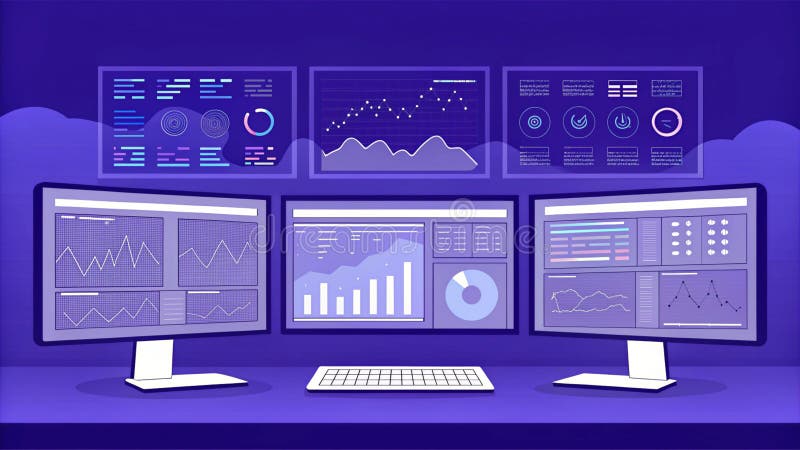 Modern Data Analysis Workspace with Multiple Screens Displaying Graphs and Charts, Showcasing ...