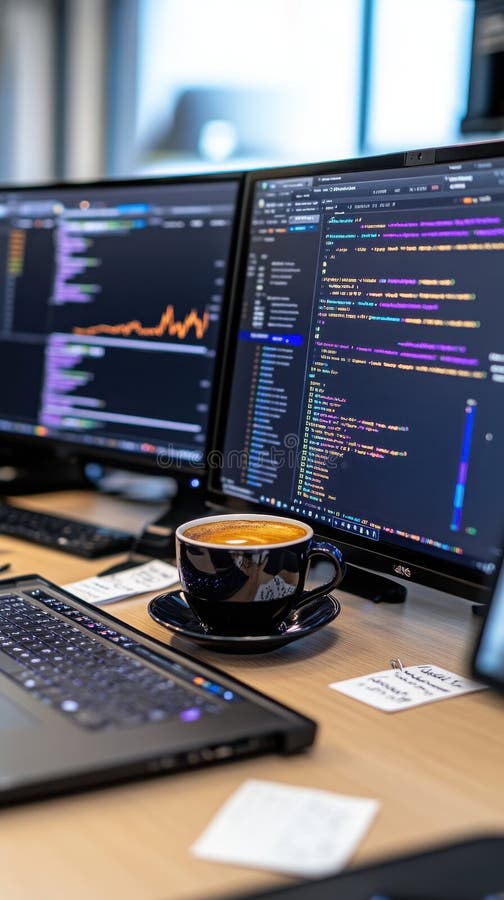 Modern Data Analyst Workspace with Dual Displays, Latte, Python Script ...