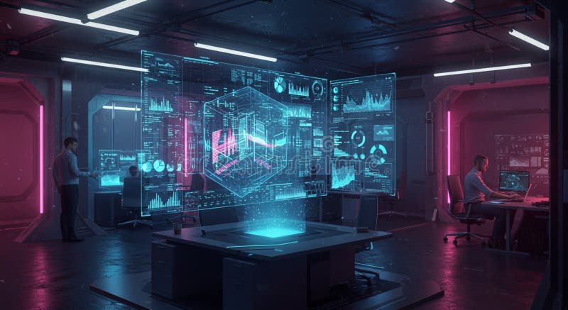 Modern Data Analysts Collaborating on a Stunning Holographic Interface ...