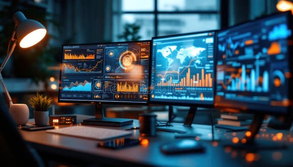 Modern Data Analytics Dashboard in a Dimly Lit Office Stock Photo - Image of digital, computer ...