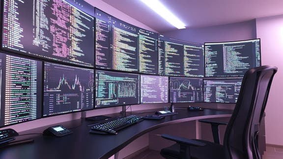Modern Data Analytics Workspace with Multiple Monitors Displaying Code ...