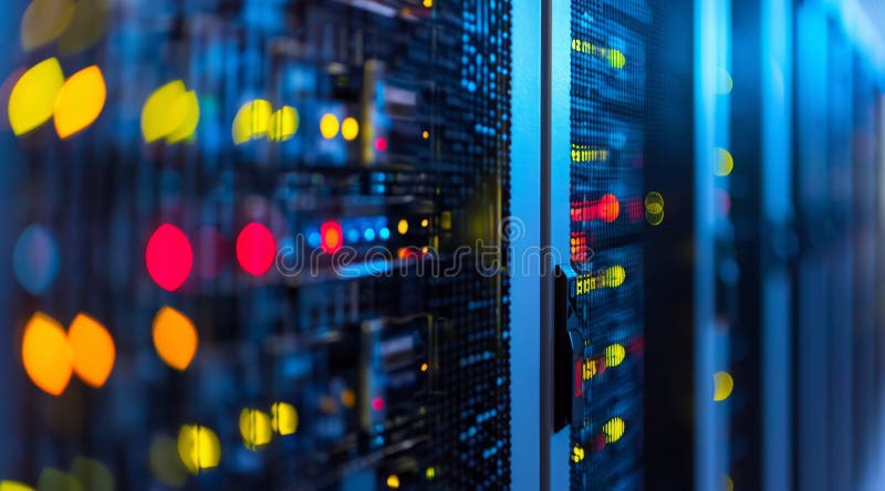 A Modern Data Center with Advanced Server Racks and Colorful LED Lights ...