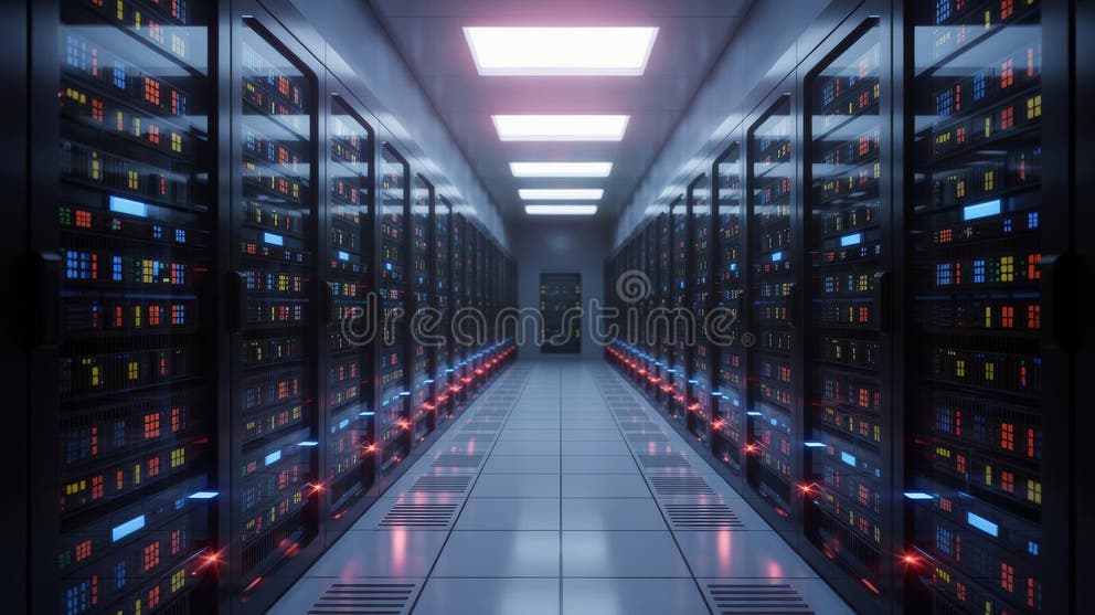 Modern Data Center with Advanced Server Racks and Glowing Blue Lights Stock Illustration ...