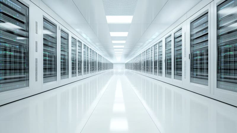 Modern Data Center Aisle with Rows of Server Racks and Lighting Stock ...