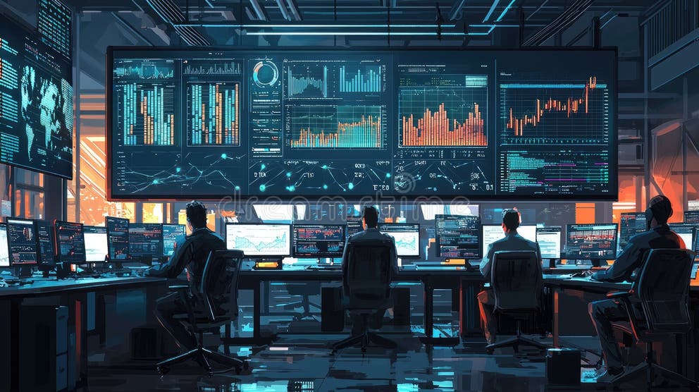 Modern Data Center with Analysts at Workstations Monitoring Digital ...