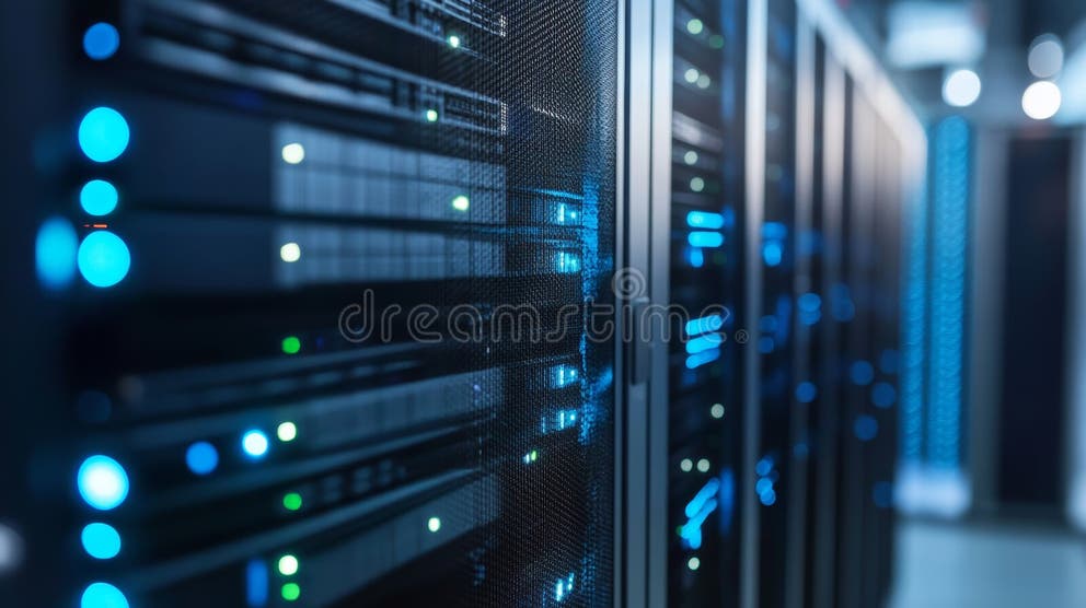 Modern Data Center with Blue Light Indicators and Server Racks Stock ...