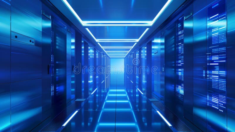 Modern Data Center with Blue Lighting, Generative AI Stock Illustration ...