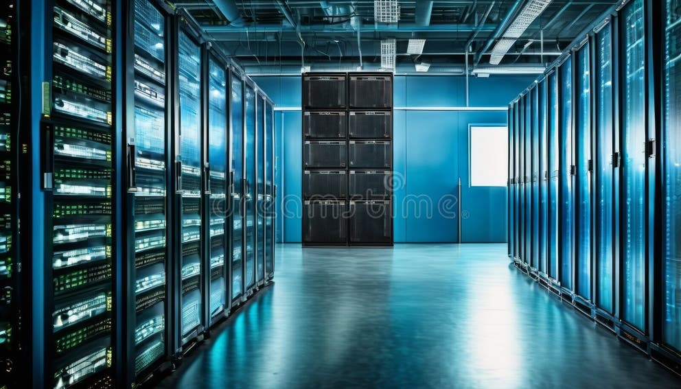 Modern Data Center with Blue Lighting Stock Image - Image of enterprise ...