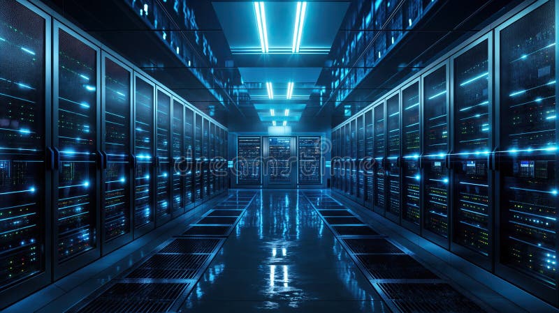 Modern Data Center with Blue Lighting and Server Racks Stock ...